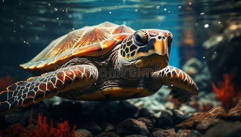 A Slow Cute Turtle Swimming In Blue Underwater Space Generated By Ai