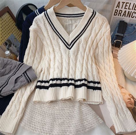 Varsity Cable Knit V Neck Sweater 3 Colors Megoosta Fashion