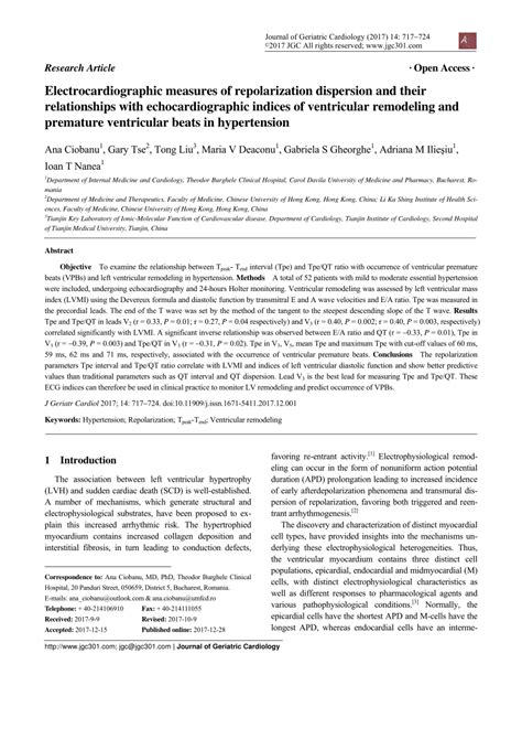 Pdf Electrocardiographic Measures Of Repolarization Dispersion And