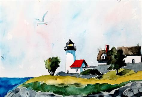Jim Lagasse Faro De Maine Pintura Acuarela Sobre Papel De Acuarela