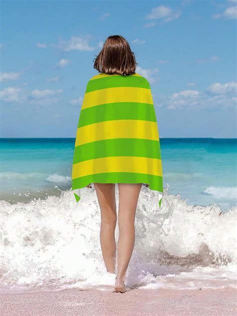 1pc Striped Beach Towel Minimalist Style Superfine Fiber Rectangle