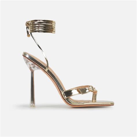 Tein Gold Mirror Toe Thong Lace Up High Heels Simmi London