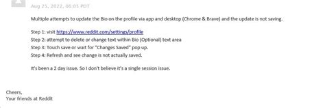 Unable To Update Bio In Profile Rbugs
