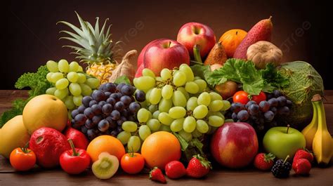 Group Of Different Kinds Of Fruits Is Arranged On A Wooden Surface