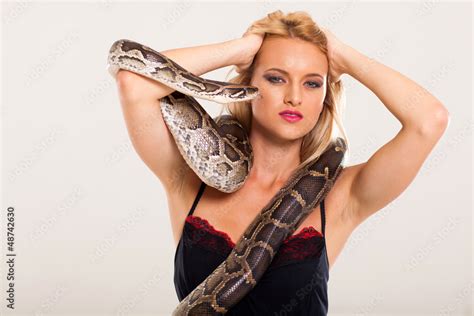 Sexy Babe Blonde Woman Posing With Python Stock Photo Adobe Stock