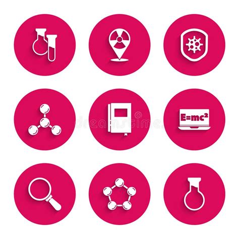 Set Book Molecule Test Tube And Flask Equation Solution Magnifying Glass Shield Protecting