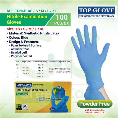 Top Glove Nitrile Powder Free Examination Glove Blue 100 Pcssize