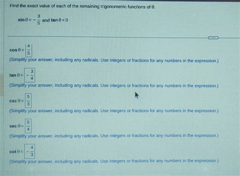 solved find the exact value of each of the remaining trigonometric