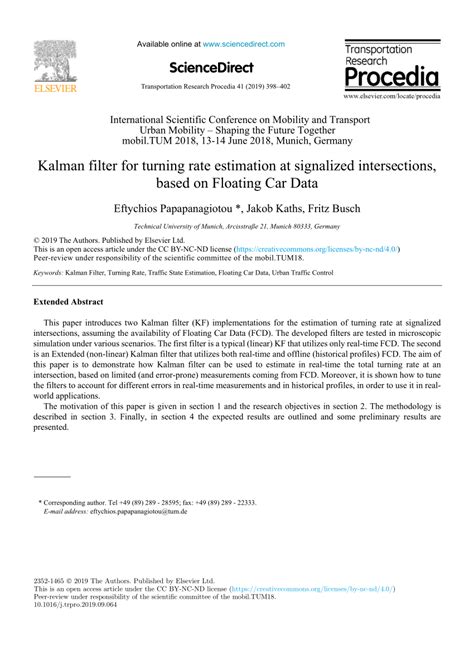 pdf kalman filter for turning rate estimation at signalized