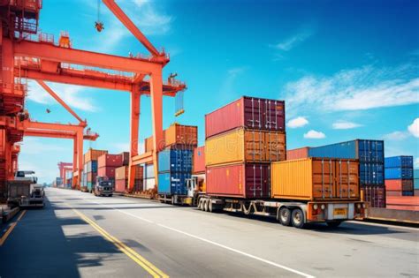 Crane Loading Cargo Container From Truck To Container Ship In The International Terminal