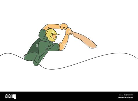 One Single Line Drawing Of Young Energetic Man Cricket Player Stance To