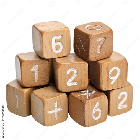 Educational Wooden Math Blocks Featuring Numbers Addition And Subtraction Symbols Isolated On