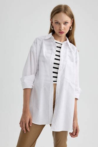 Beyaz Kadın Oversize Fit Gömlek Yaka Oxford Uzun Kollu 100 Pamuk