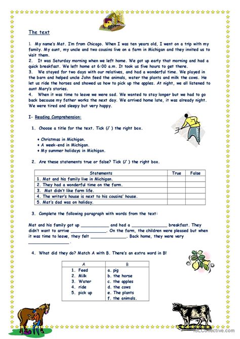A Day On The Farm Reading For Detail English Esl Worksheets Pdf And Doc