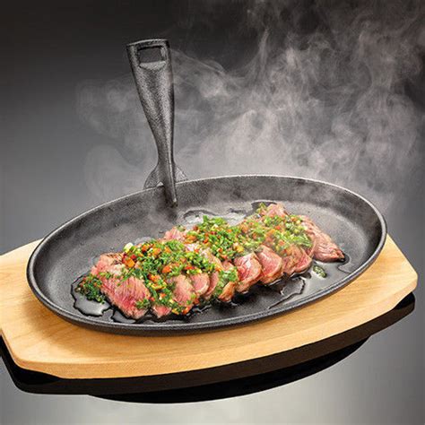 Cast Iron Oval Hot Sizzler Sizzling Plate Steak Grill Platter And Base