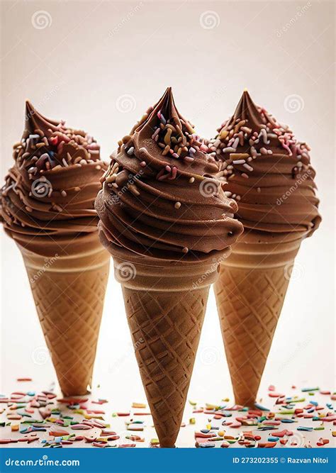 Delicious Ice Cream Cones With Toppings And Sprinkles Stock