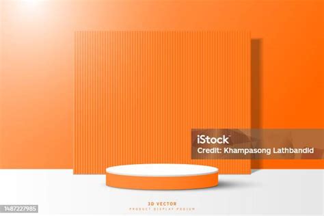 사실적인 흰색과 주황색 3d 무대 실린더 연단 제품 진열대 흰색 바닥과 수직 패턴 모양 배경이 있는 주황색 벽 쇼 제품 승진 모형 템플렛을 위한 단계 디자인 0명에 대한
