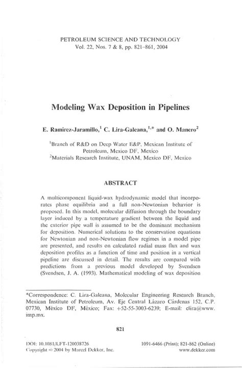 Pdf Modeling Wax Deposition In Pipelines