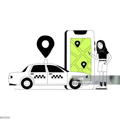 승차 예약을 위해 스마트 폰을 사용하는 여성 승객과 택시 승차 공유 택시 서비스 및 모바일 앱 내비게이션을 상징하는 평면 벡터 일러스트 레이 션 흰색 배경에 고립 된 전화에