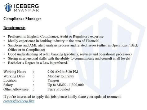 Iceberg Myanmar On Linkedin Compliance Manager Ibmrecruitment