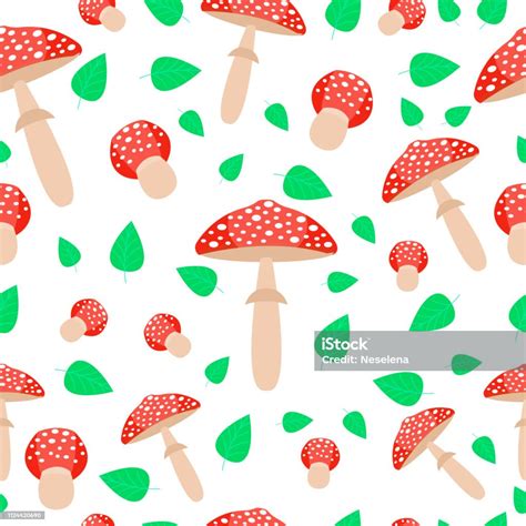 버섯 완벽 한 패턴입니다 비행 거리 Agaric 벡터 일러스트입니다 플랫 만화 스타일입니다 가을에 대한 스톡 벡터 아트 및 기타