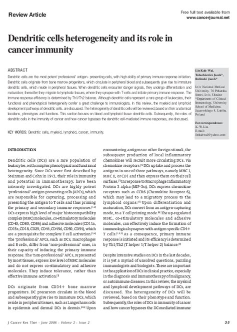 Pdf Dendritic Cells Heterogeneity And Its Role In Cancer Immunity