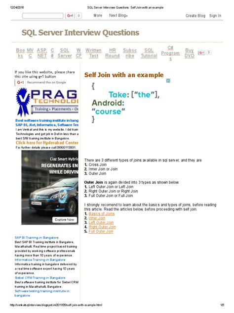 Sql Server Interview Questions Self Join With An Example Pdf Data