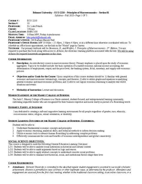 Macro Fa23 Syllabus Section 01 Belmont University Eco 2210 Principles Of Macroeconomics