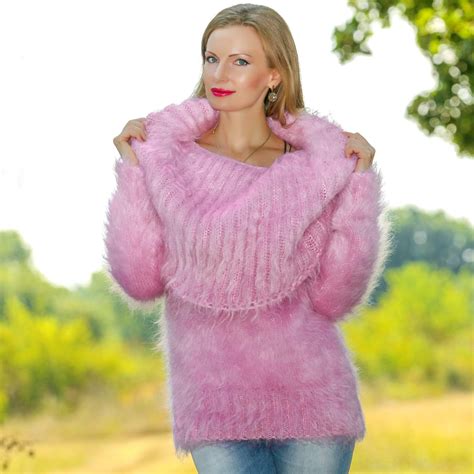 Supertanya Sexy Pink Fuzzy Mohair Top Cowlneck Sweater Supertanya