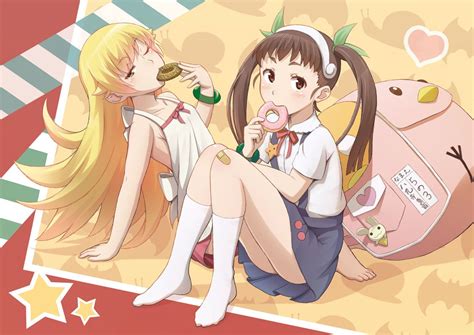 2girls Bakemonogatari Bandaid Blonde Hair Brown Eyes Brown Hair Dress