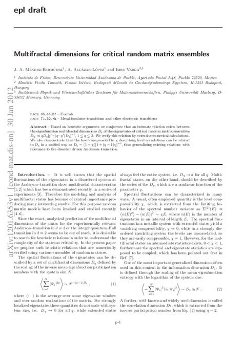 Pdf Multifractal Dimensions For Critical Random Matrix Ensembles Varga Imre