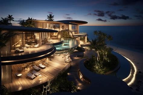 Premium AI Image D Render Of A Luxury Villa On The Beach At Night