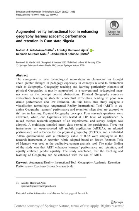 Augmented Reality Instructional Tool In Enhancing Geography Learners Academic Performance And