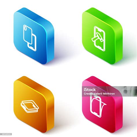 아이소메트릭 라인 스마트폰 깨진 화면이 있는 모바일 유리 보호기 및 아이콘을 설정합니다 벡터 3차원 형태에 대한 스톡 벡터 아트 및 기타 이미지 Istock