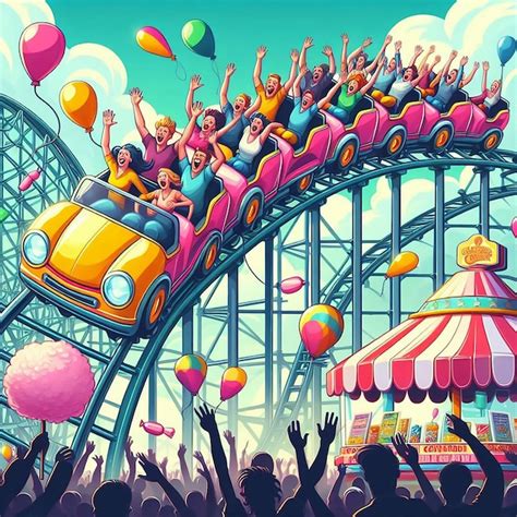 A Colorful Illustration Of People Riding In A Carnival Ride Premium
