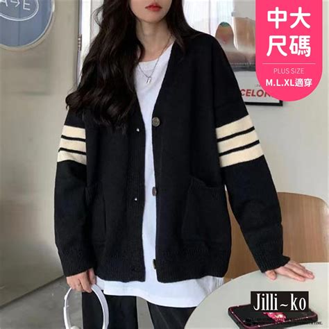 Jilli Ko 學院風黑色條紋寬鬆落肩針織開衫外套中大碼 黑色 針織外套 Yahoo奇摩購物中心
