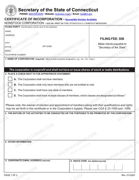 Connecticut Articles Of Incorporation Certificate Domestic Nonprofit