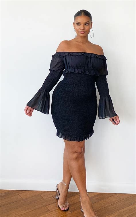 Plus Black Chiffon Shirred Bodycon Dress Plus Size Prettylittlething