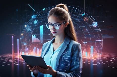 Premium Photo Software Coding Hologram And Woman On Tablet Thinking Of Data Analytics