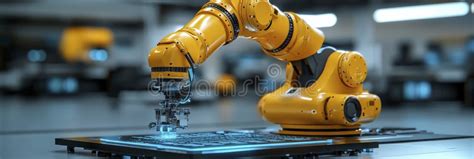 Yellow Robotic Arm Performing Precision Manufacturing Stock