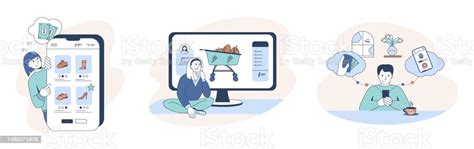 여성은 온라인 상점에서 식료품을 샀다 온라인 구매 비용을 지불하는 여성과 남성 가격에 대한 스톡 벡터 아트 및 기타 이미지 가격 가공의 인물 고객 Istock