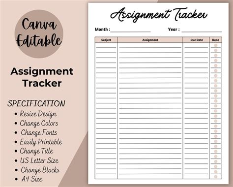 assignment tracker printable planner table assignments etsy