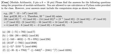 solved [com] modulo arithmetic 3 pts ×6 18pts please