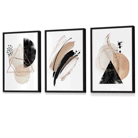 Abstract Black Beige Set Of 3 Watercolour Framed Prints Artze Uk