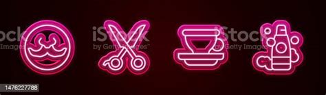 세트 라인 콧수염 가위 미용사 커피 컵 및 병 샴푸 빛나는 네온 아이콘입니다 벡터 가위에 대한 스톡 벡터 아트 및 기타 이미지 가위 건강 진단 건강관리와 의술