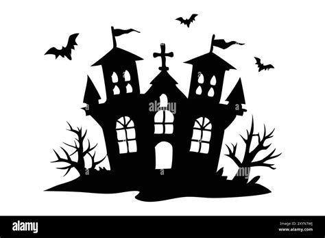 Black Silhouette Of Haunted House With Bats Isolated On A White
