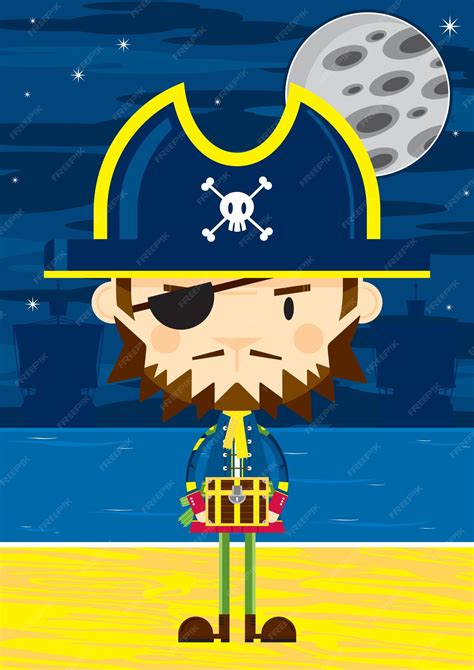 Moonlight의 해변에서 보물 상자를 들고 있는 귀여운 만화 스워시버클링 안대 해적 선장 프리미엄 벡터