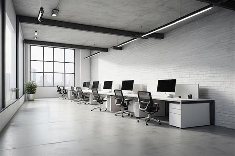 Premium Photo White Brick Open Space Office Interior With A Concrete