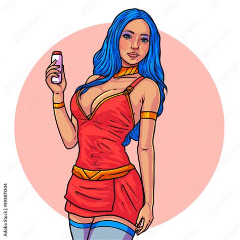 Vector Image Of A Girl In A Red Dress With Blue Hair Who Is Holding A