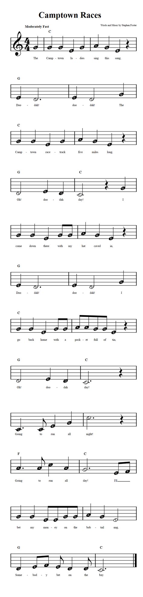 Camptown Races Beginner Sheet Music With Chords And Lyrics
